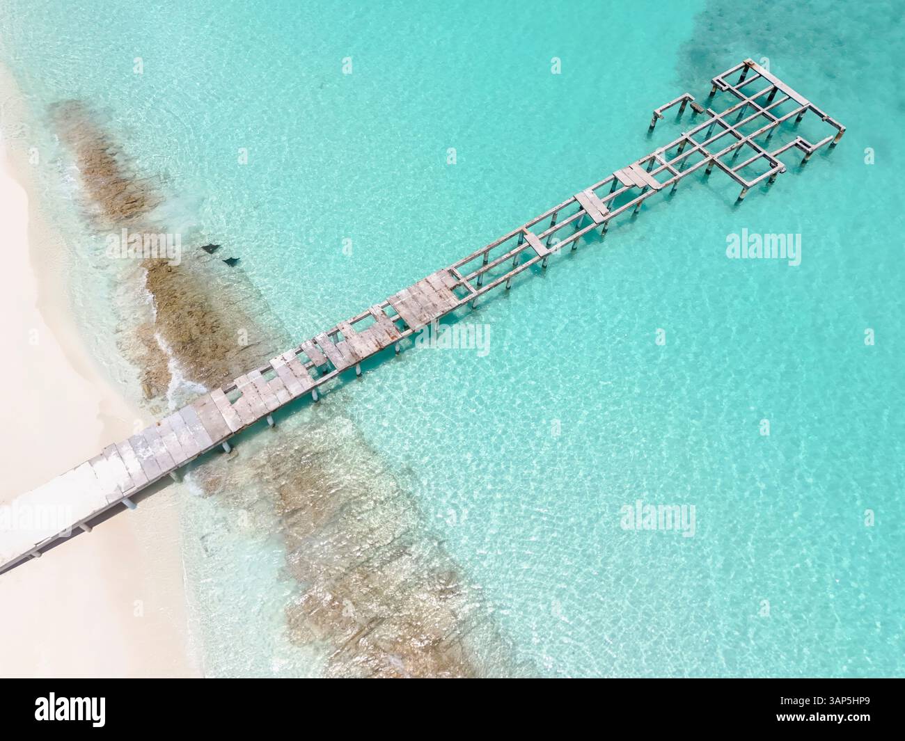 Aerial view of tranquil beach with wooden pier and eagle rays, Haa Alif ...
