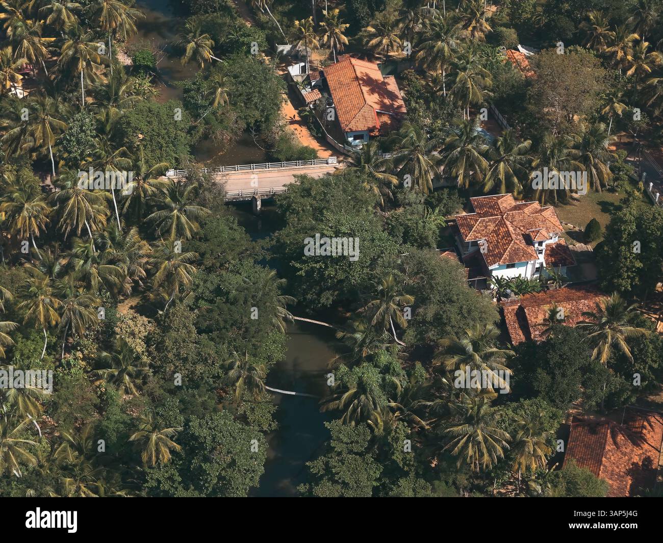 Aerial view of river Maha Oya, settlement, palm trees, bridge, Negombo ...