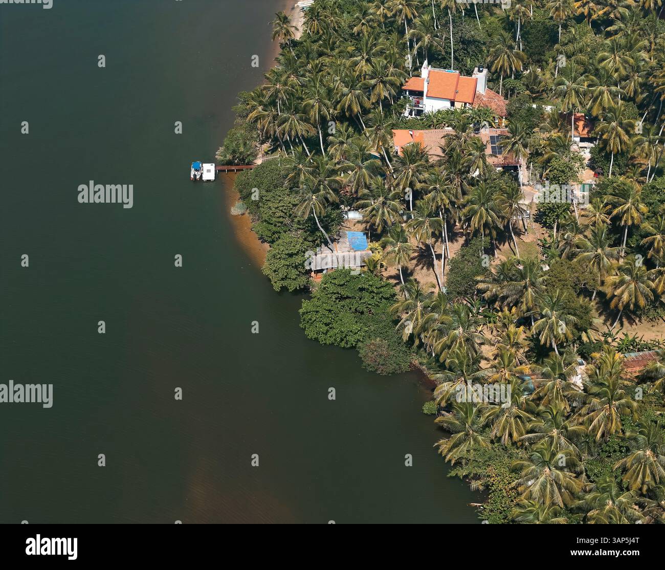 Aerial view of river Maha Oya with settlement and palm trees, Negombo ...