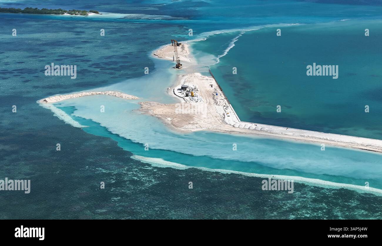 Aerial view of beautiful coastline reclamation project in Addu Atoll ...