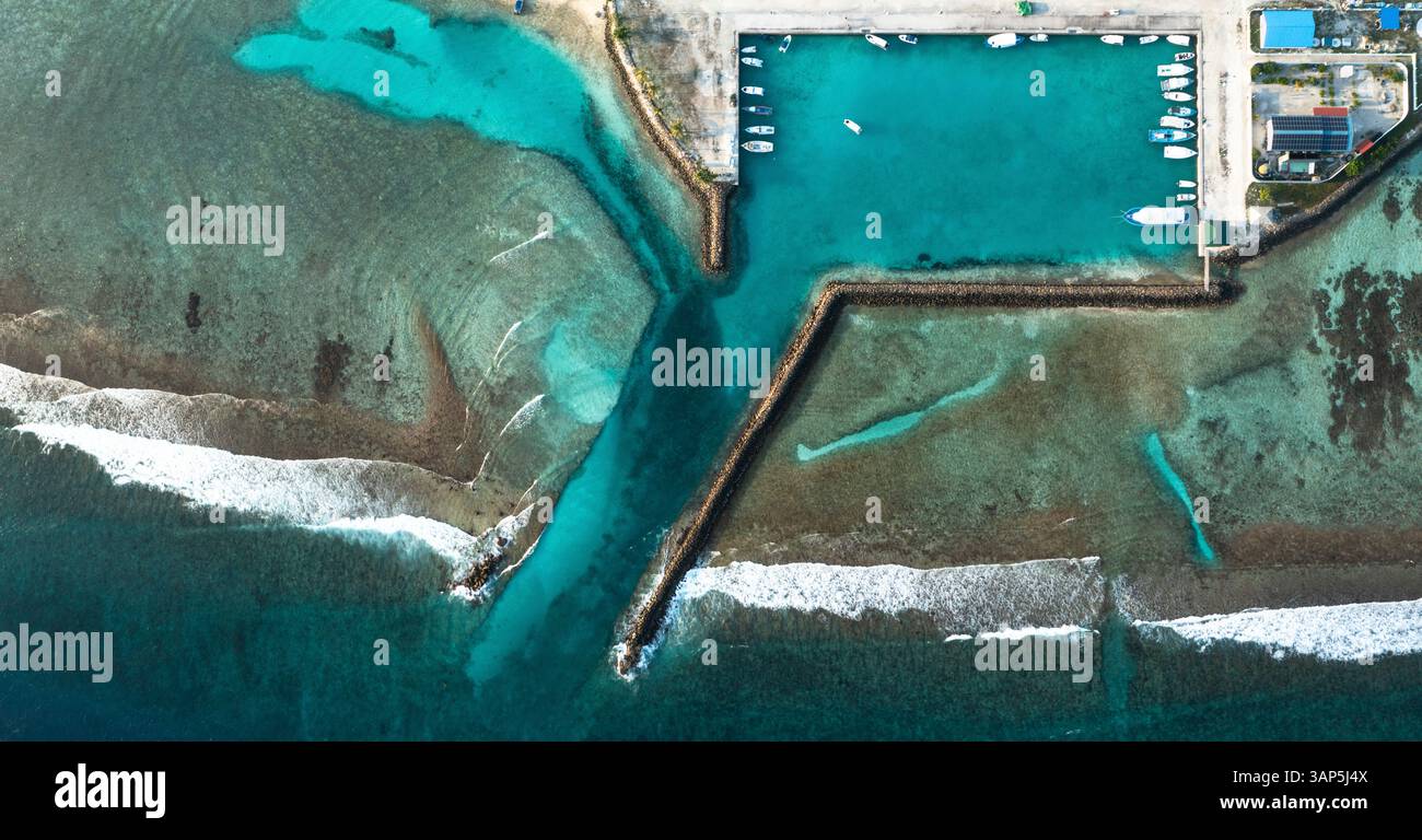 Aerial view of beautiful natural harbour, Vashafaru, Haa Alif, Maldives ...