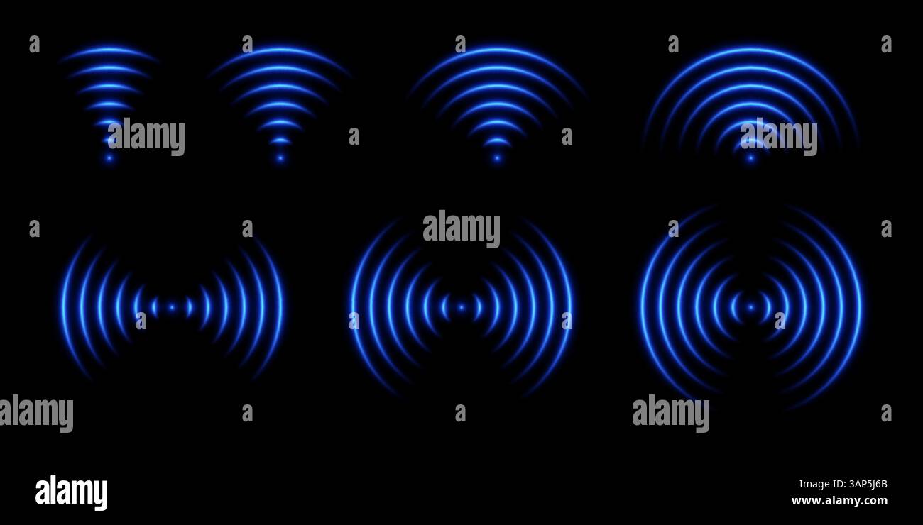 Sound wave light effect. Wifi signal glow. Neon radar sensor. Set with ...