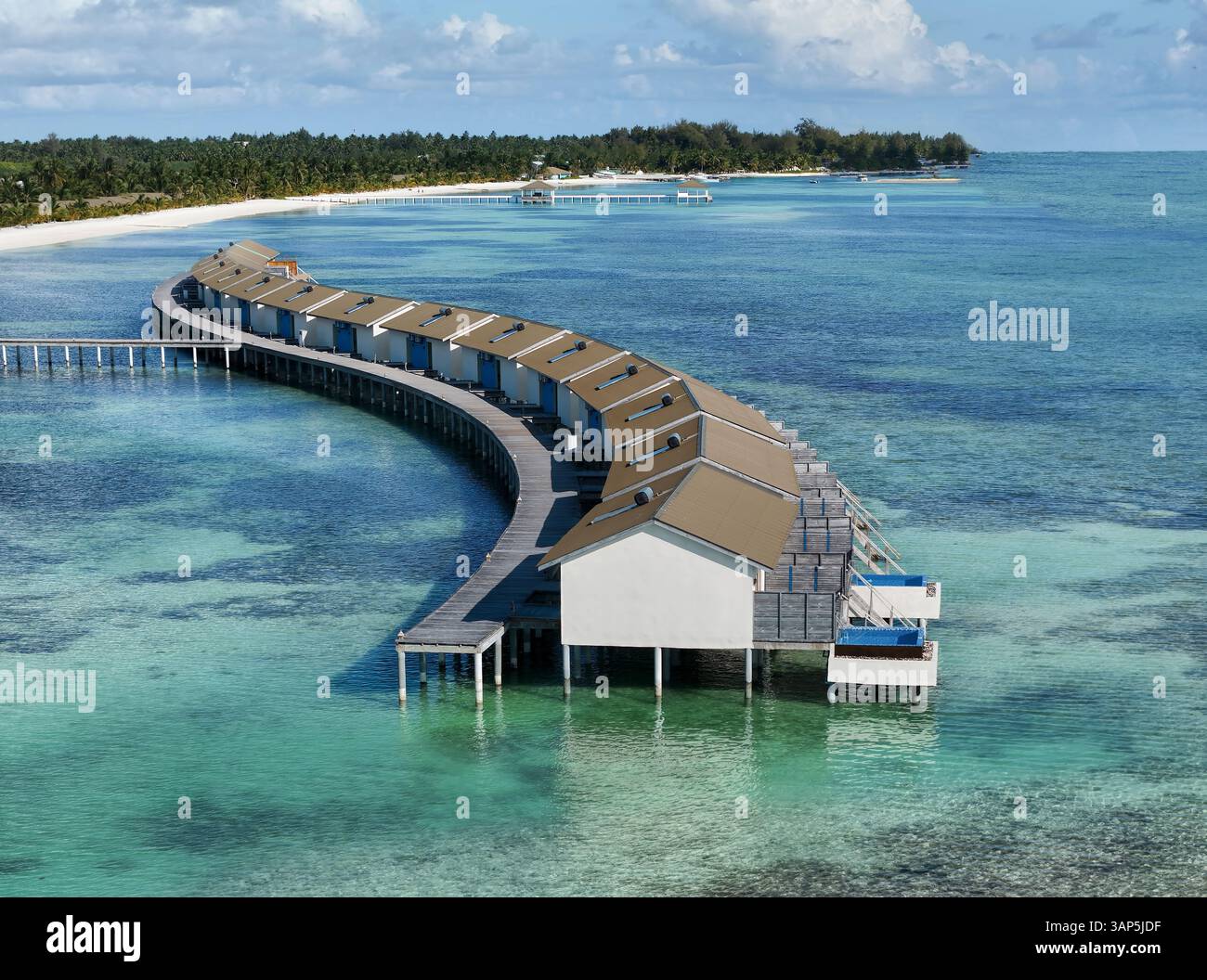 Aerial view of luxury overwater bungalow resort, Ismehela Hera, Addu ...
