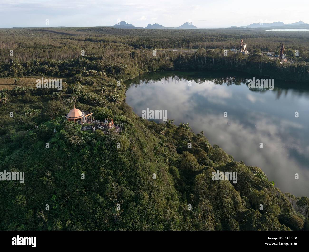 Aerial drone view of Ganga Talao, a Hindu pilgrimage site with a temple ...