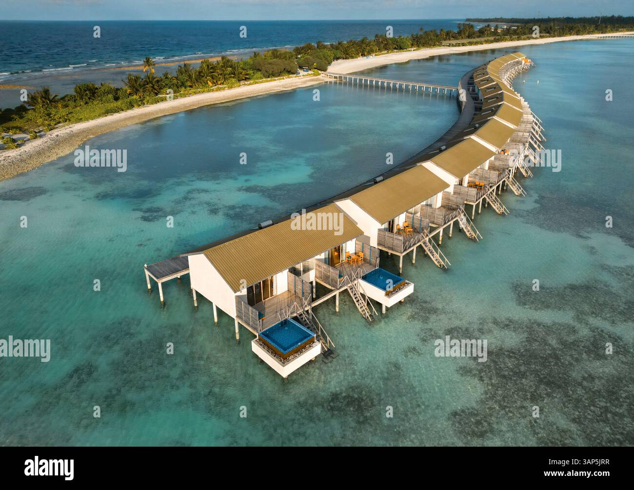 Aerial view of luxury overwater bungalow resort, Ismehela Hera, Addu ...
