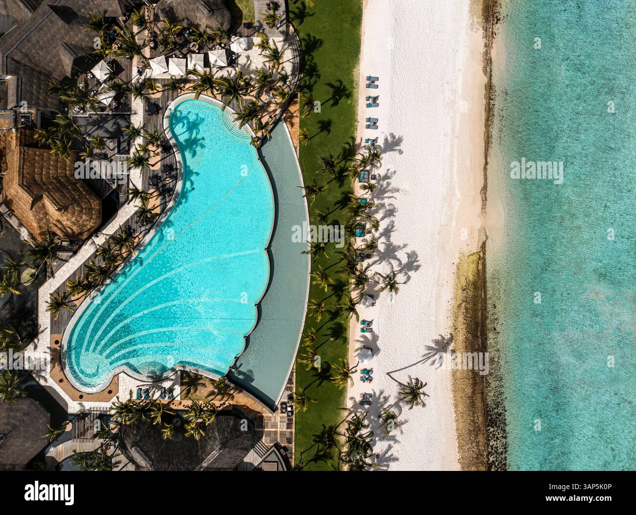 Mauritius - 15 October 2022: Aerial view of a pool scape with beach and ...