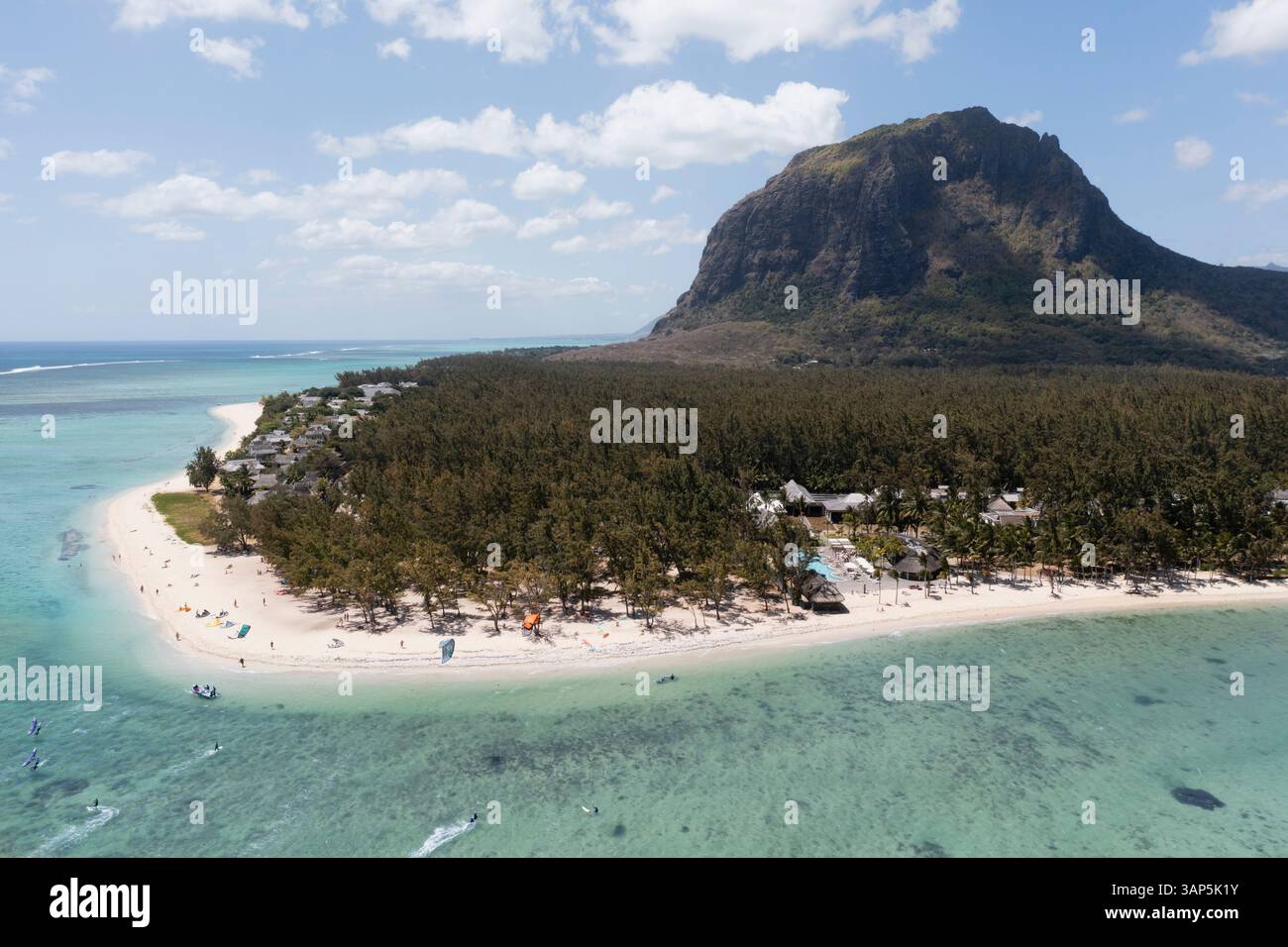 Aerial view of mount Le Morne with hotels and kite surfers, Le Morne ...
