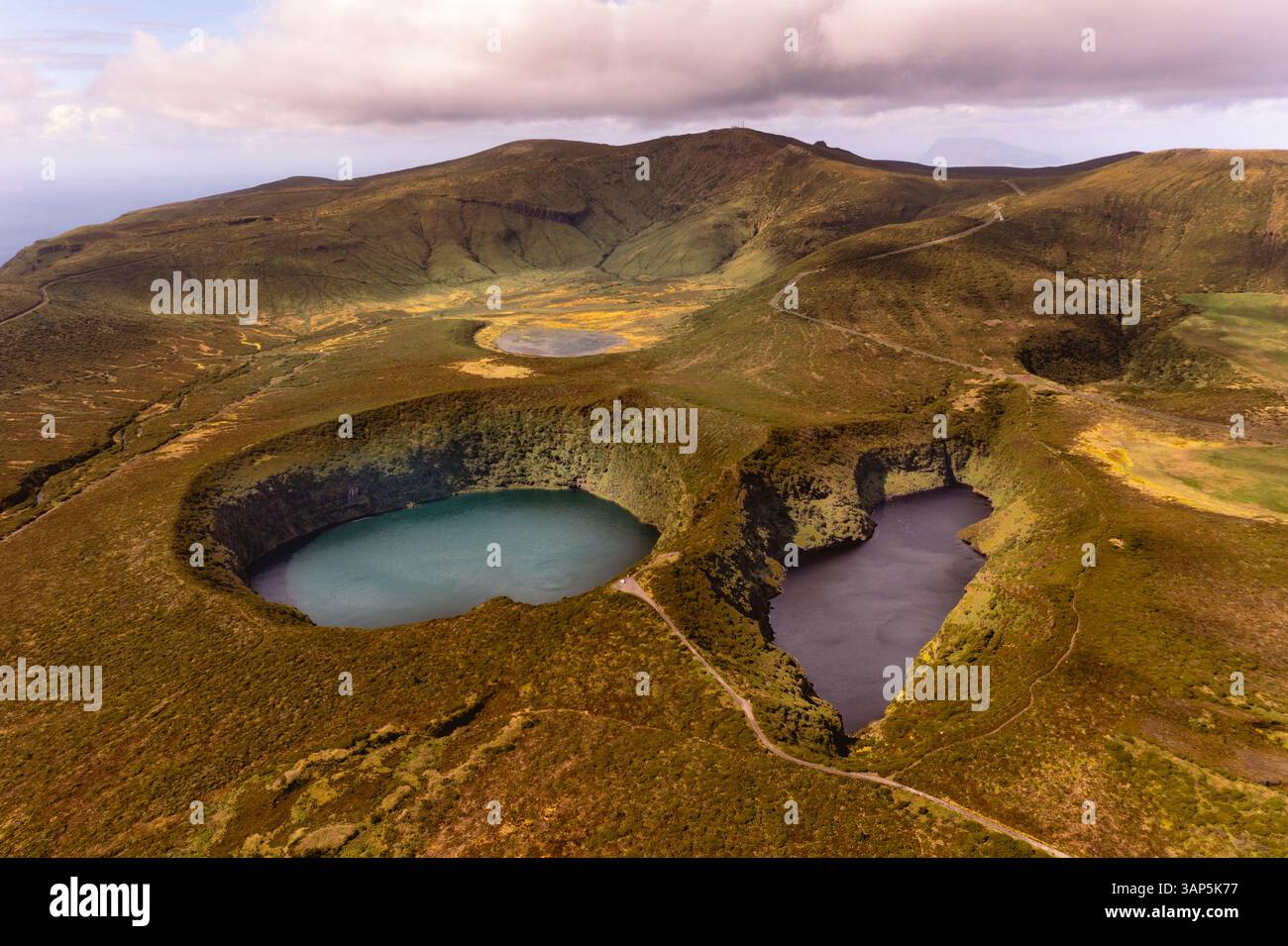 Aerial view of the crater lakes Negra and Comprida, Flores, Azores ...