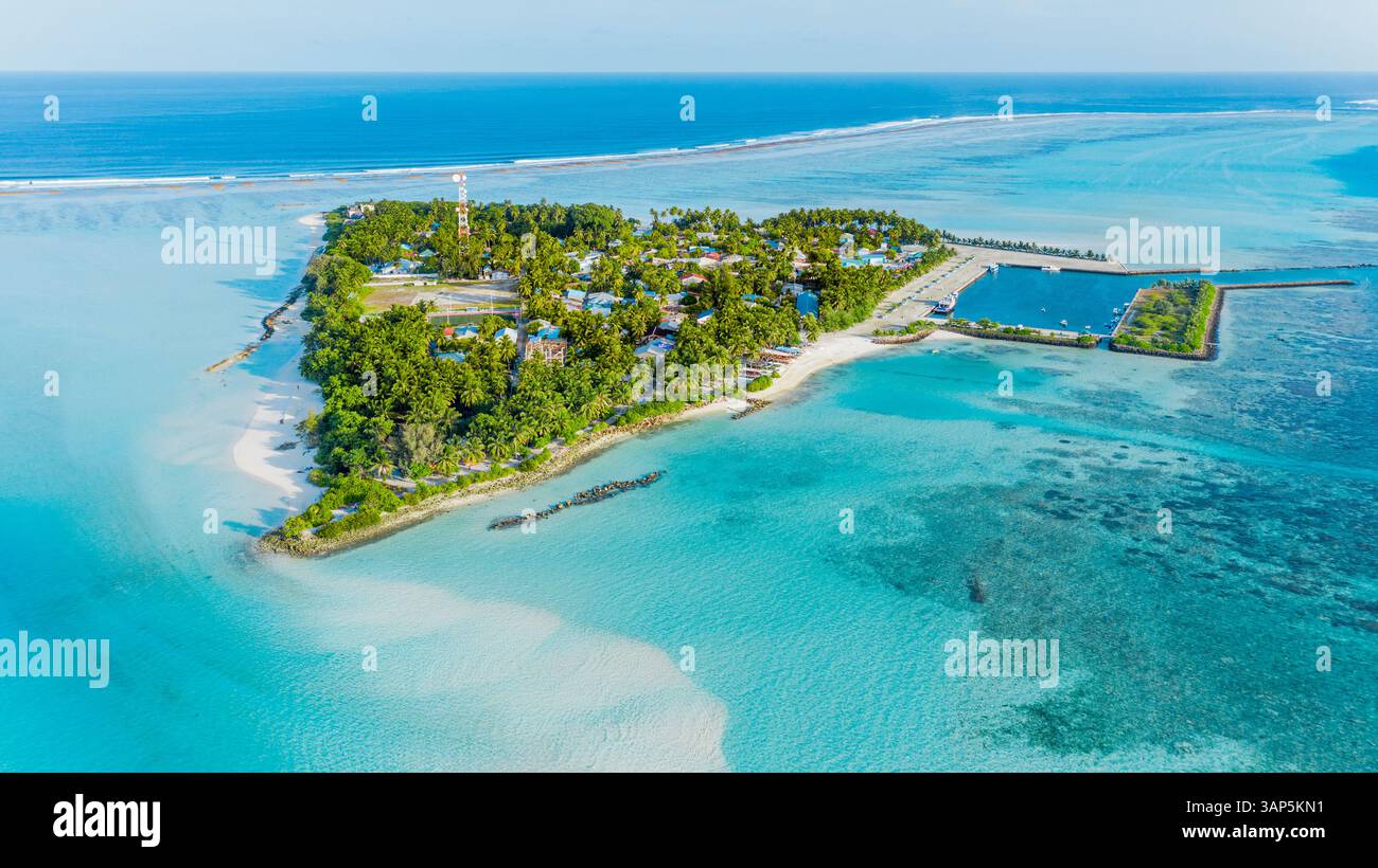 Panoramic aerial view of the local island Mathiveri with harbour, Alif ...