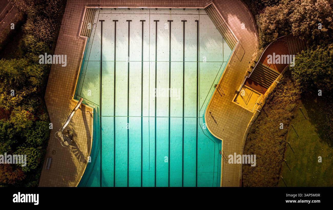 Aerial view of a closed swimming pool during the lockdown, Germany ...