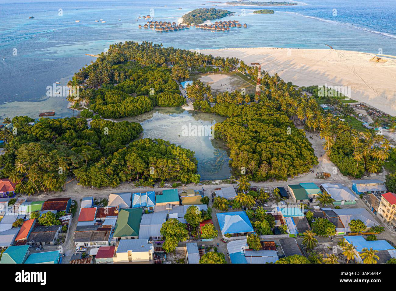 Aerial view of local island Huraa, North Malé Atoll, Maldives, Indian ...