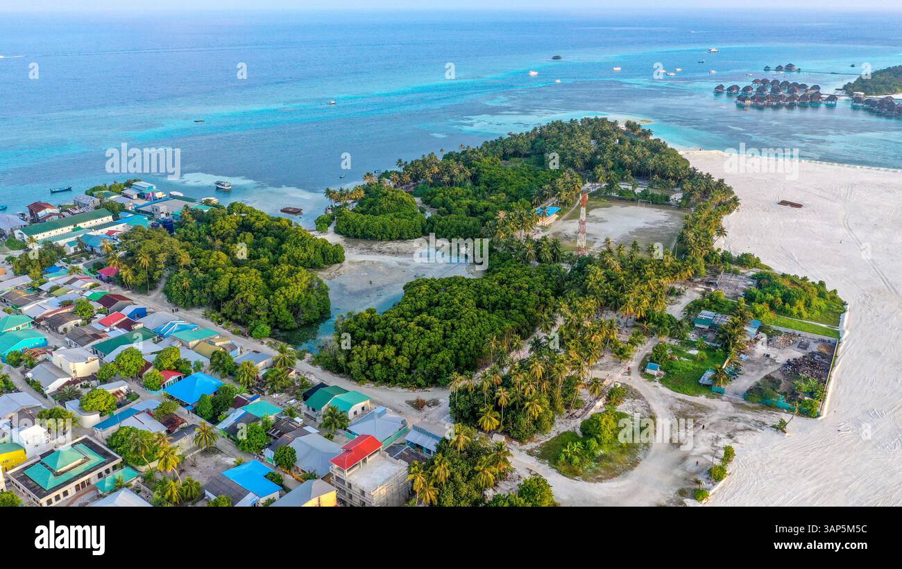 Aerial view of local island Huraa, North Malé Atoll, Maldives, Indian ...