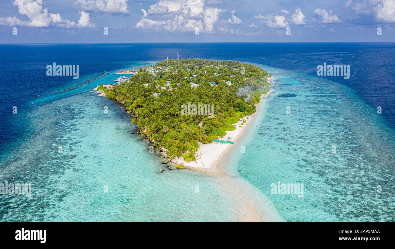 Aerial view of local island Omadhoo, located in Alif Dhaal Atoll ...