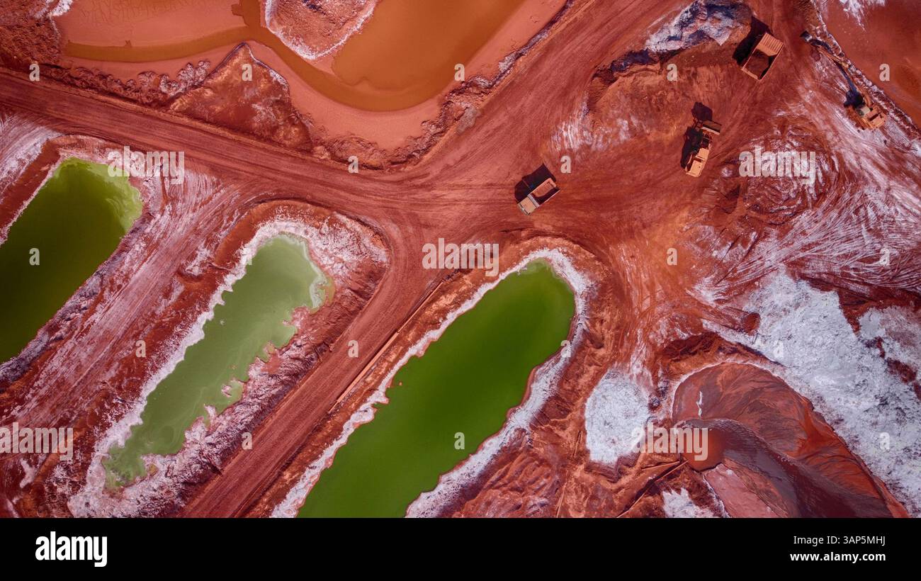 Aerial drone view of the slag fields of the alumina plant, Ukraine ...