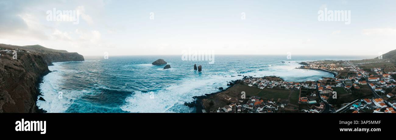 Panoramic aerial view of Praia dos Mosteiros rock formations and the ...