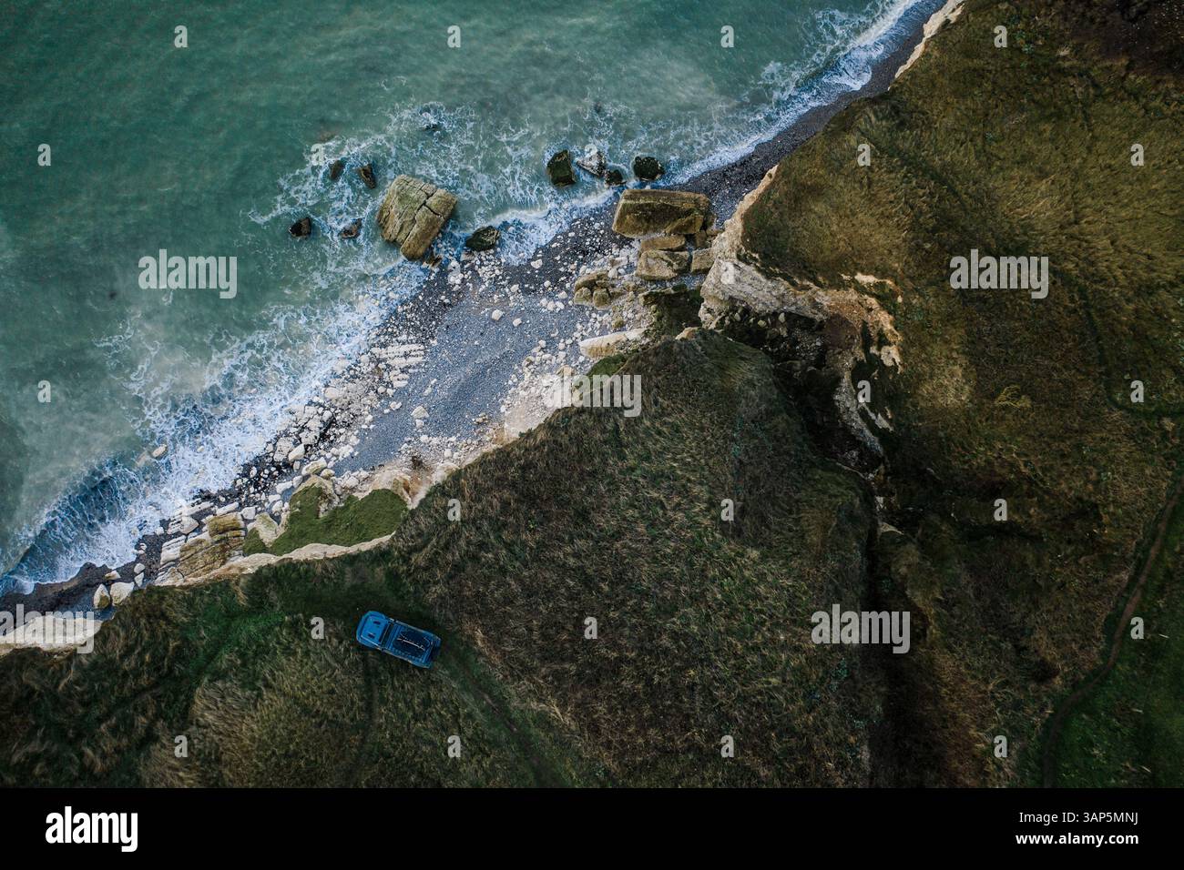 Aerial view of car on cliff in Etretat, Normandy, France Stock Photo ...