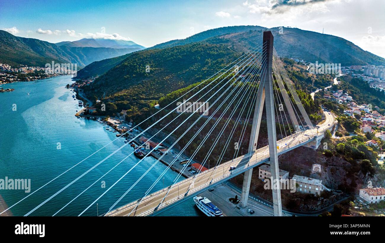 Aerial drone view of the Franjo Tudman Bridge in Dubrovnik, Croatia ...