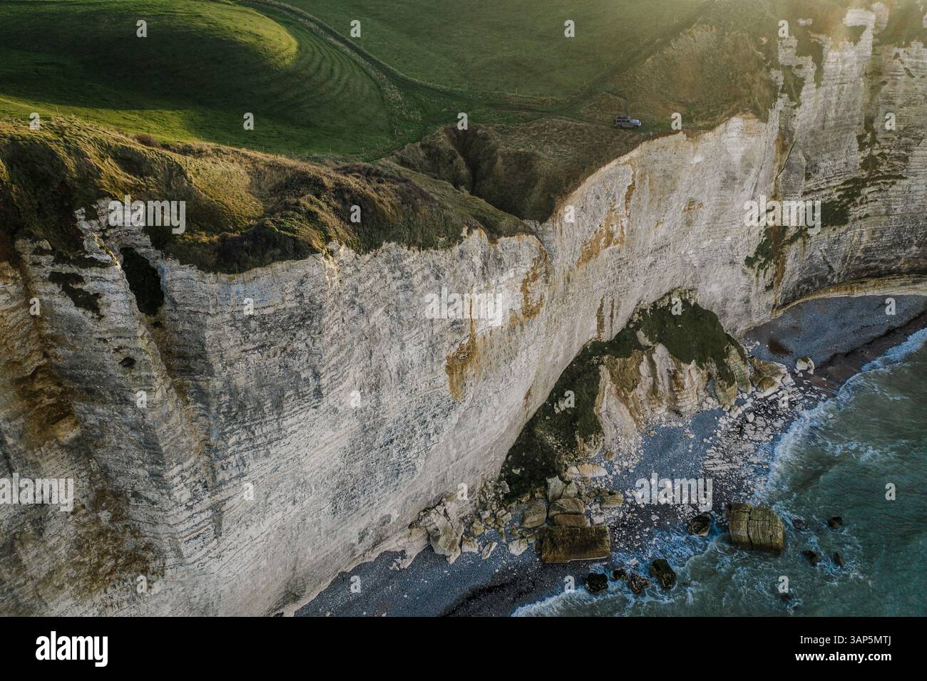 Aerial view of car on cliff in Etretat, Normandy, France Stock Photo ...