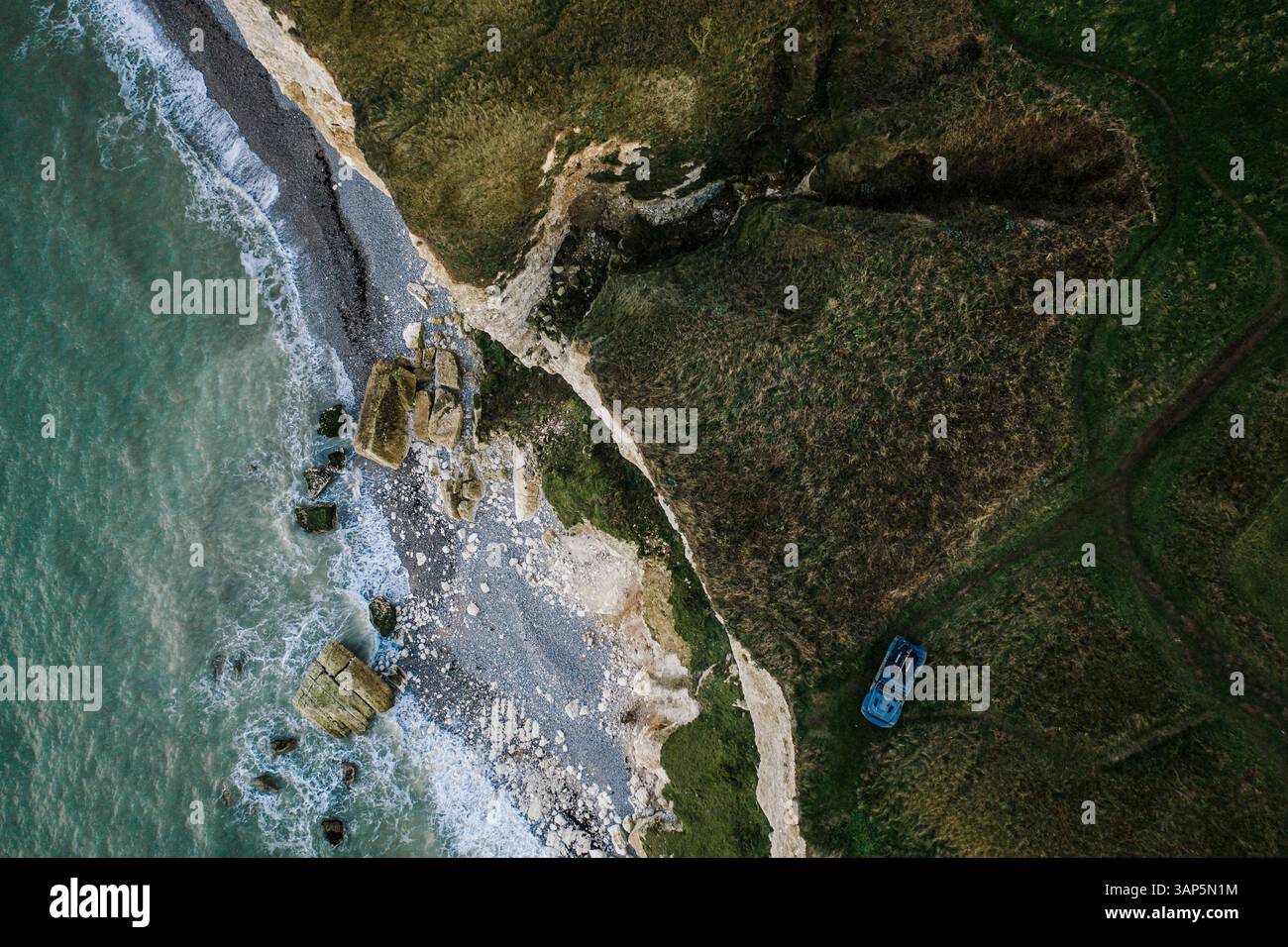 Aerial view of car on cliff in Etretat, Normandy, France Stock Photo ...