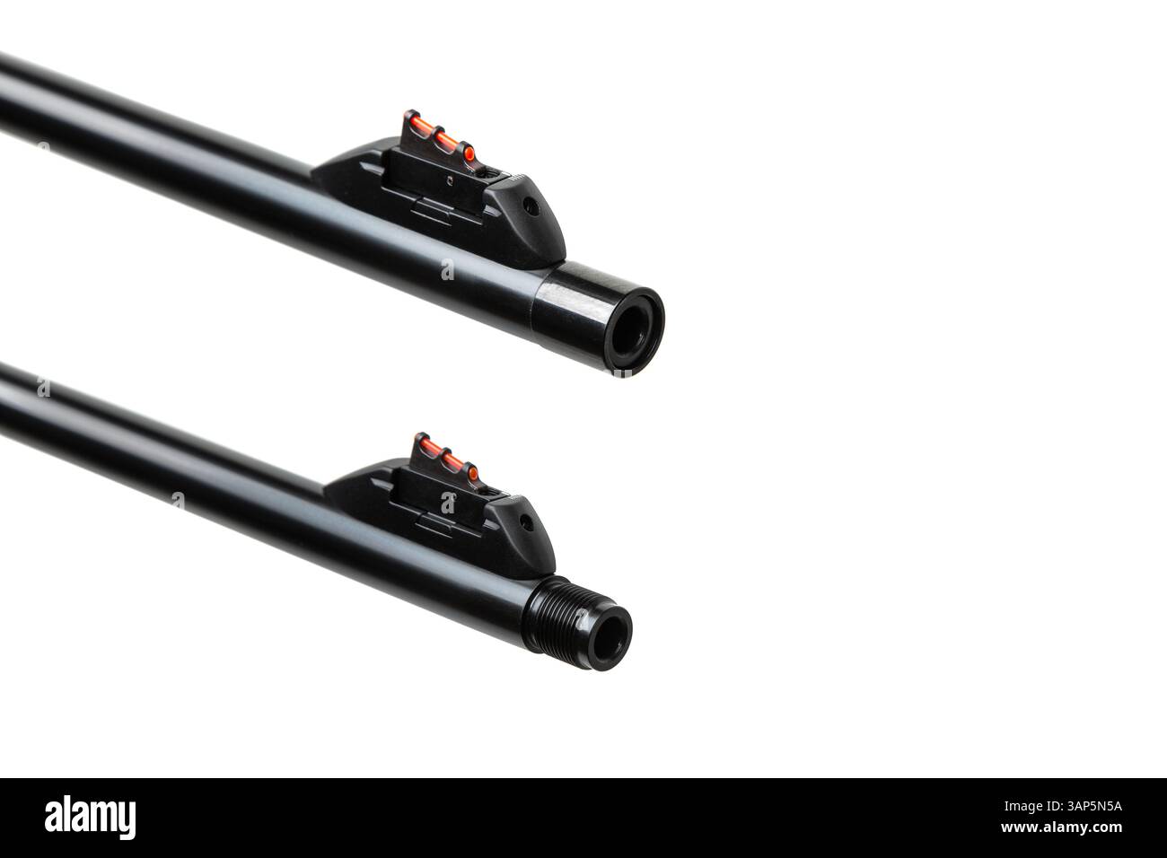 Two black rifle barrels with fiber optic front sights, one with thread ...