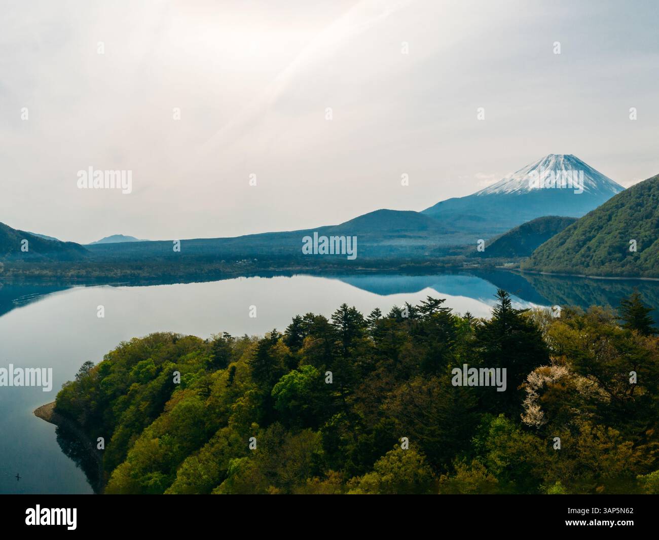 Panoramic aerial view of Lake Saiko and Mt. Fuji in Japan, Asia Stock ...