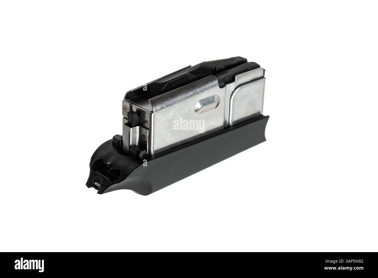 Detachable steel box magazine inserted into a polymer baseplate ...