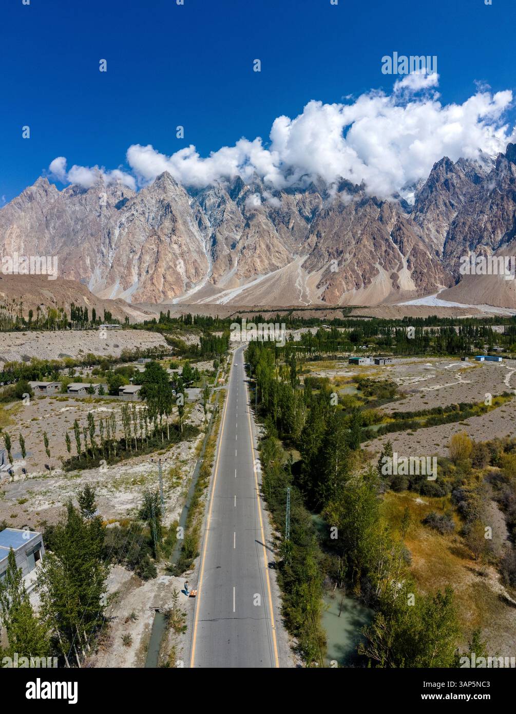 Aerial view of Passu Cones and Passu Village surrounded by majestic ...