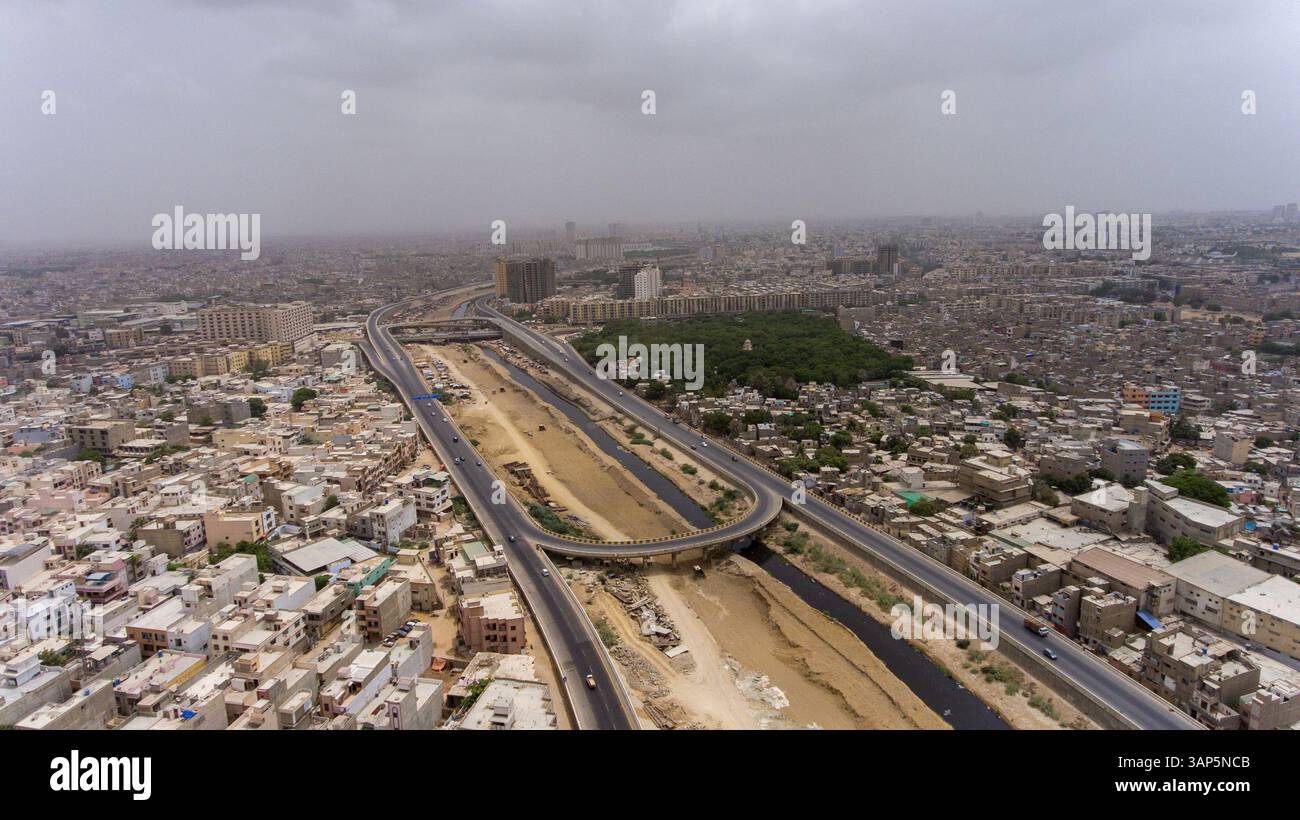 Aerial view of the bustling lyari expressway with dense urban ...