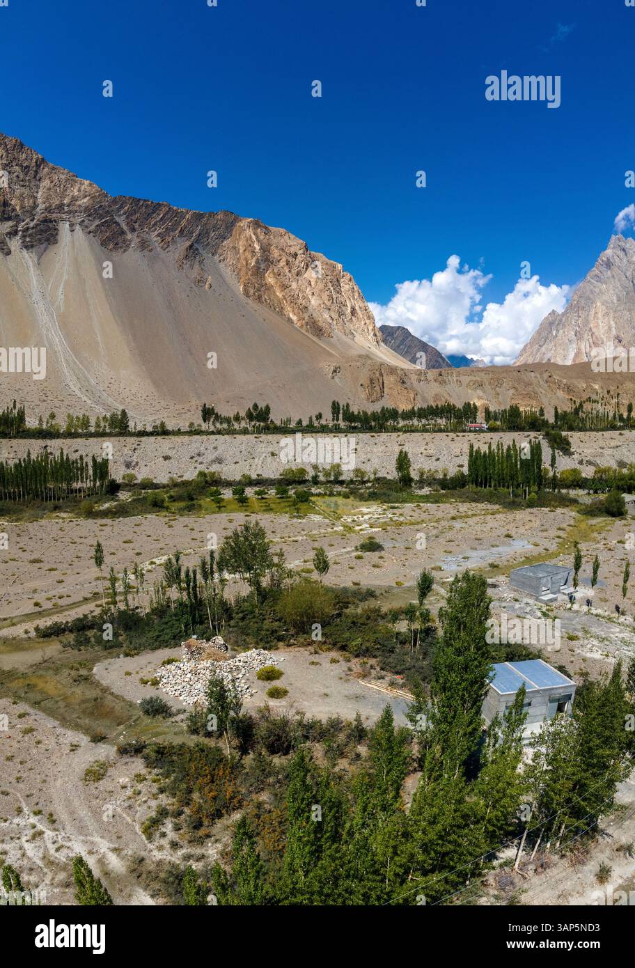 Aerial view of Passu Cones and Passu Village in a breathtaking ...
