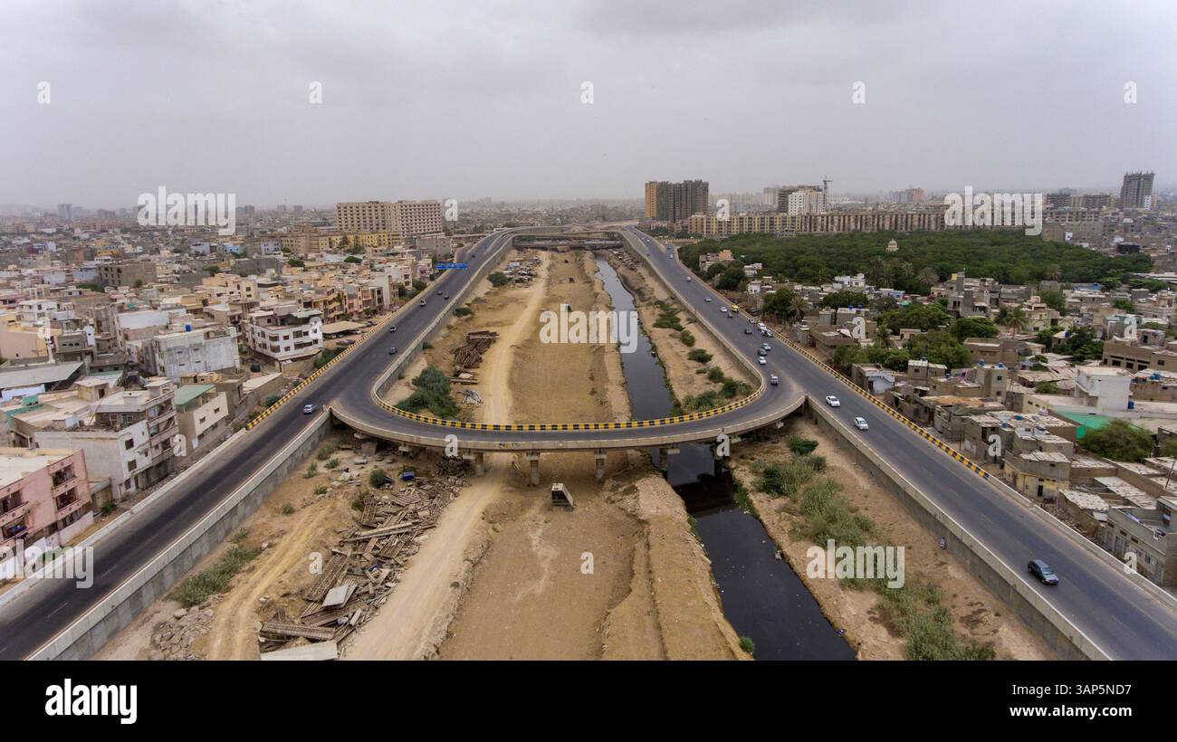 Aerial view of lyari expressway with bustling traffic and modern ...