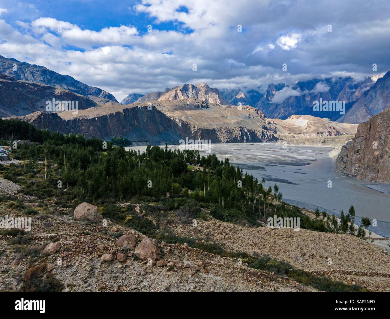 Aerial view of Passu Cones and Passu Village in a serene and ...