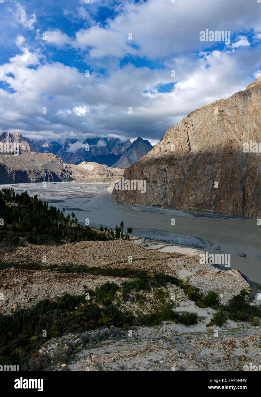Aerial view of Passu Cones and Passu Village surrounded by majestic ...