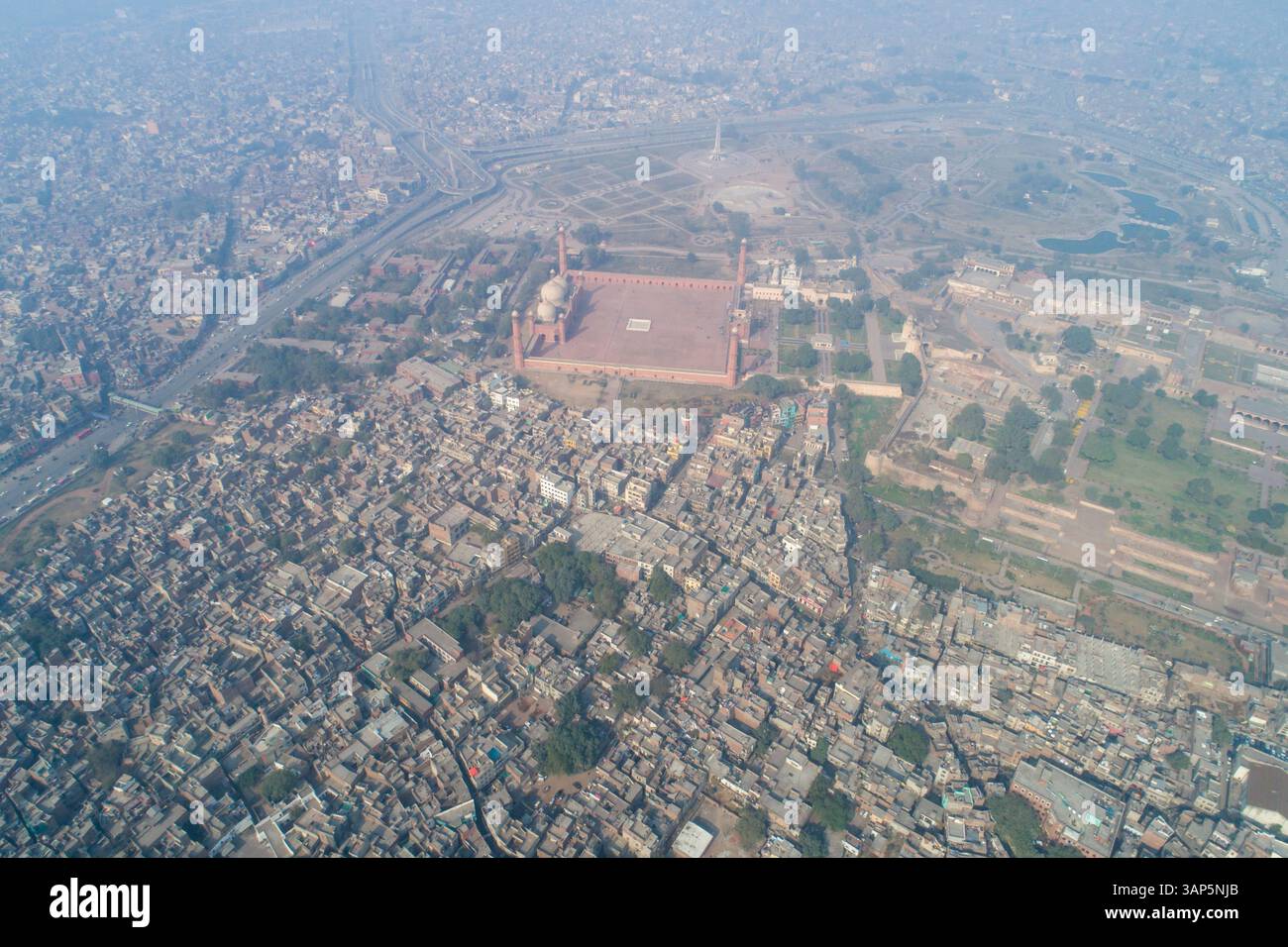 Aerial view of the historic badshahi masjid and lahore fort in the old ...