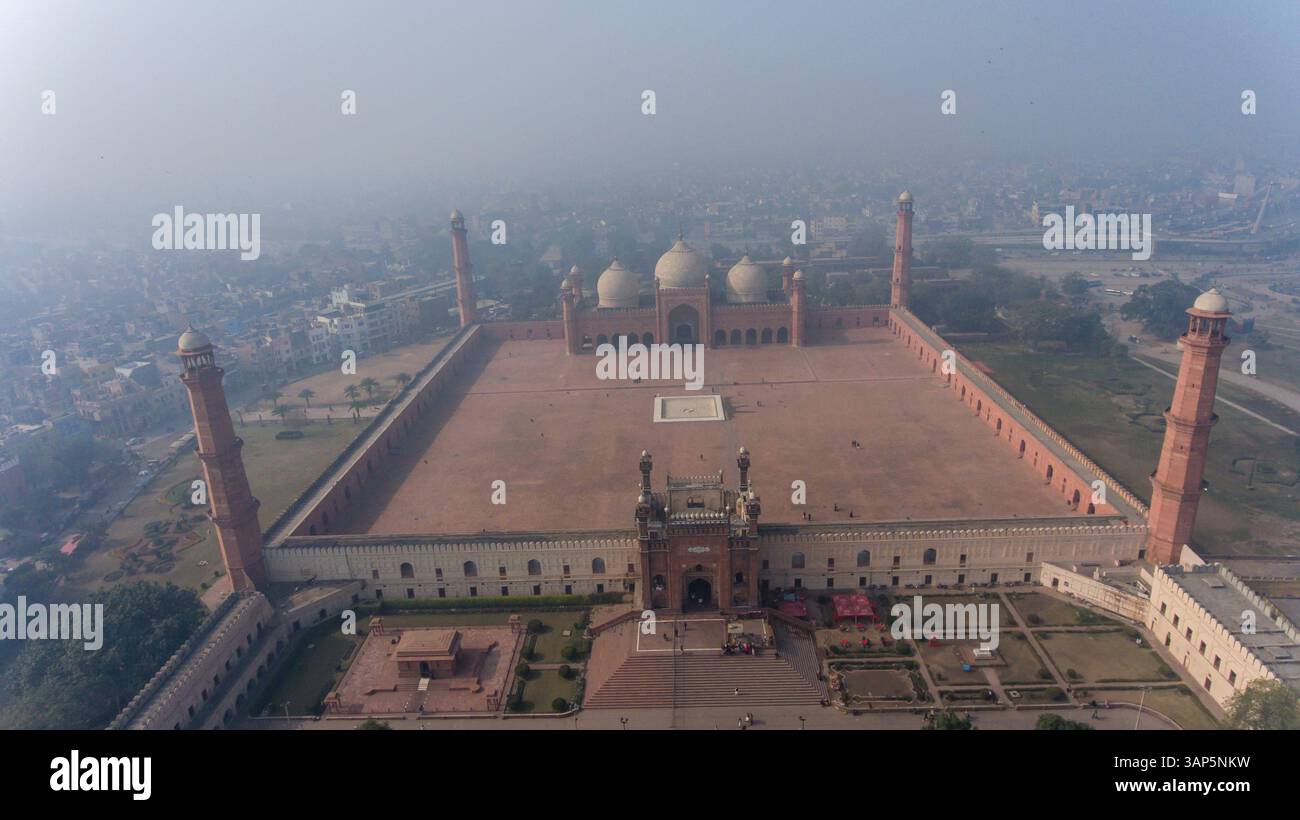 Aerial view of badshahi masjid and lahore fort in the old part of city ...