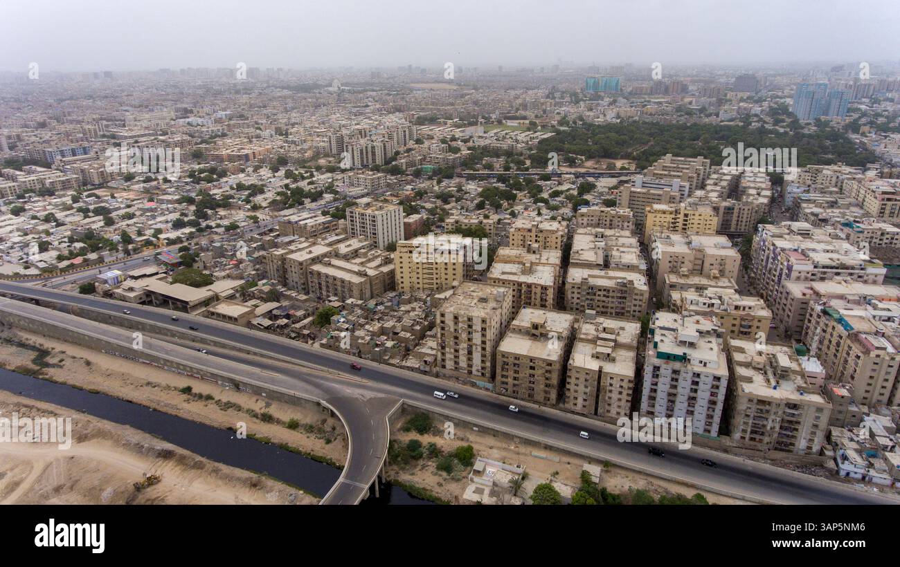 Aerial view of lyari expressway with bustling cityscape and dense urban ...