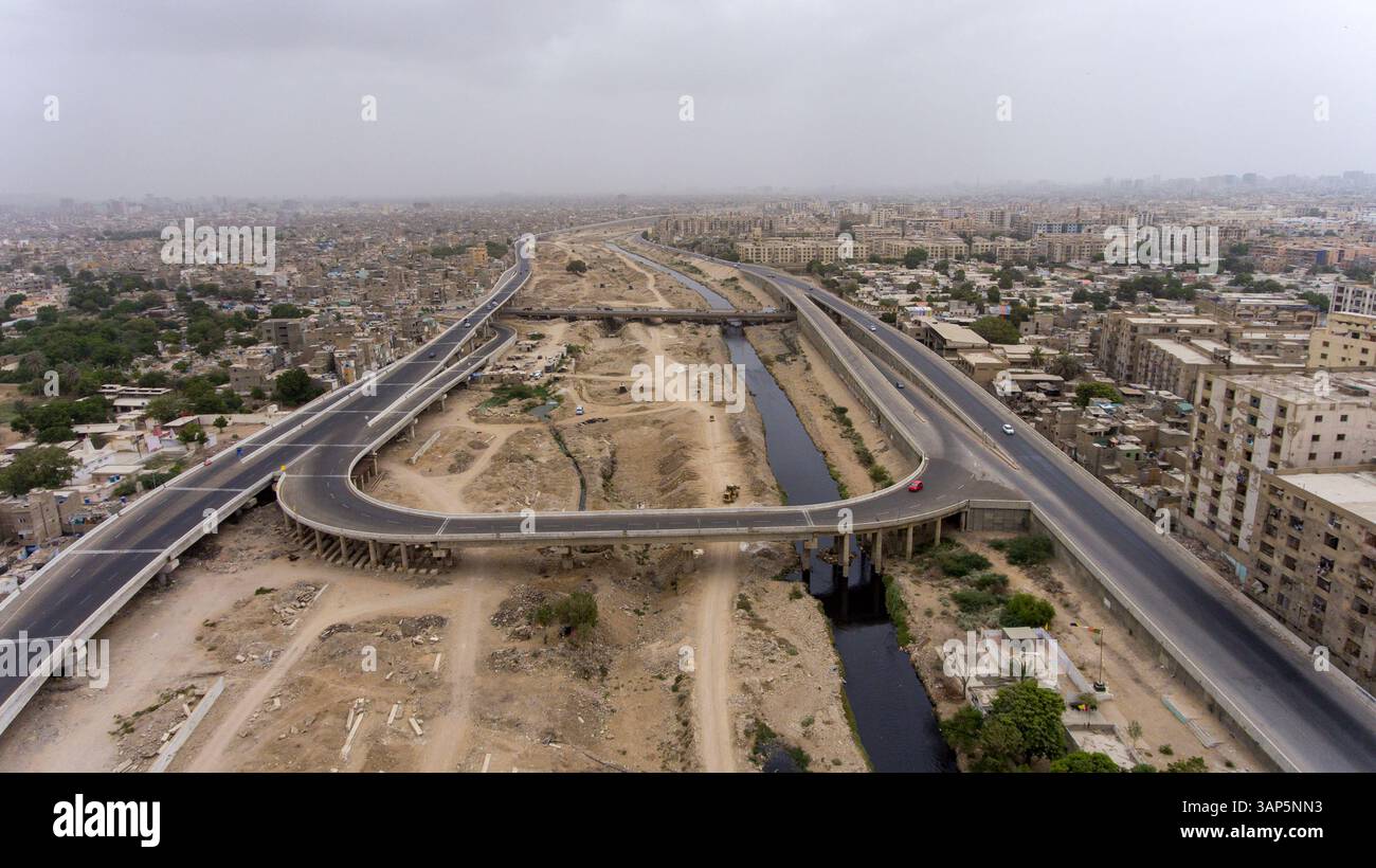 Aerial view of lyari expressway with urban skyline and infrastructure ...