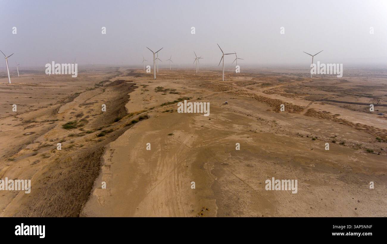 Aerial view of jhimpir wind power plant with numerous wind turbines in ...