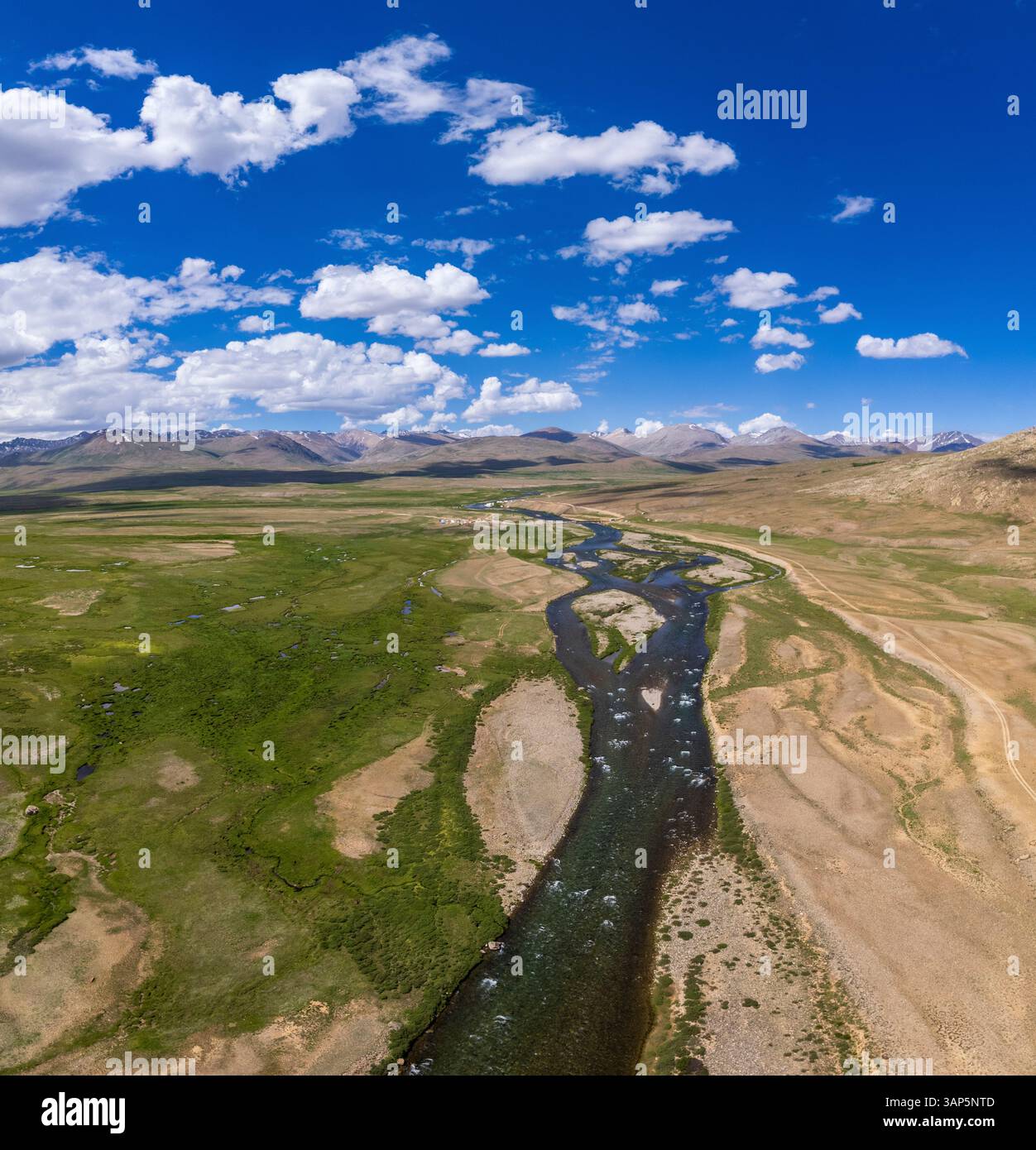 Aerial view of deosai plains with majestic mountains and a serene river ...