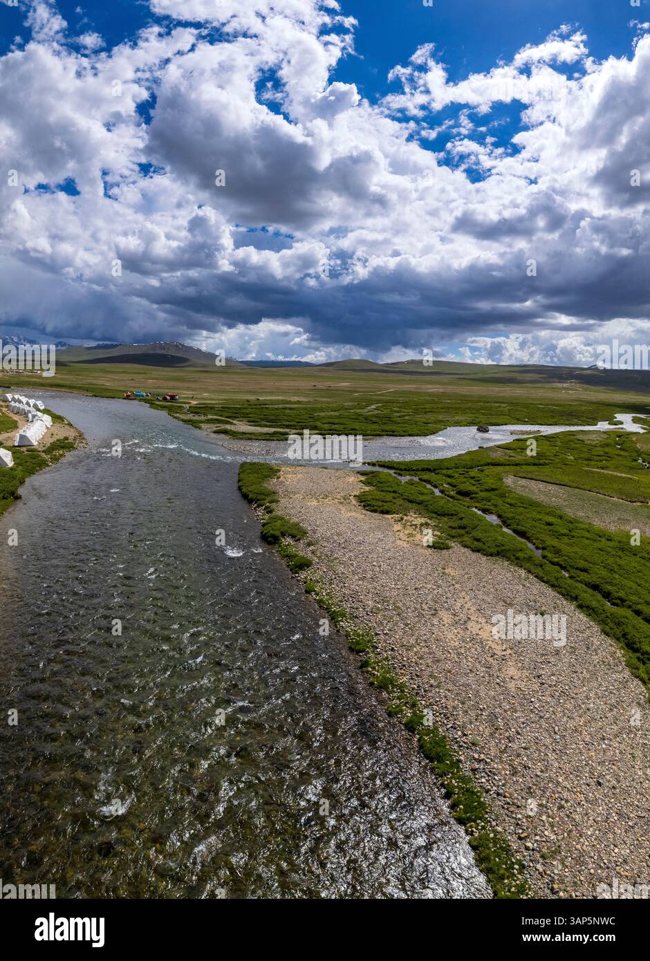 Aerial view of serene Deosai Plains with a river and clouds under a ...