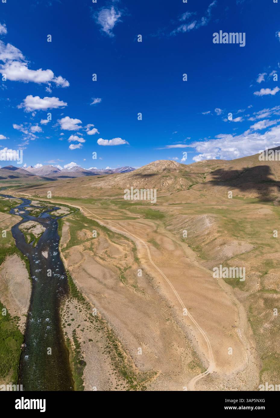 Aerial view of deosai plains with winding river, majestic mountains and ...
