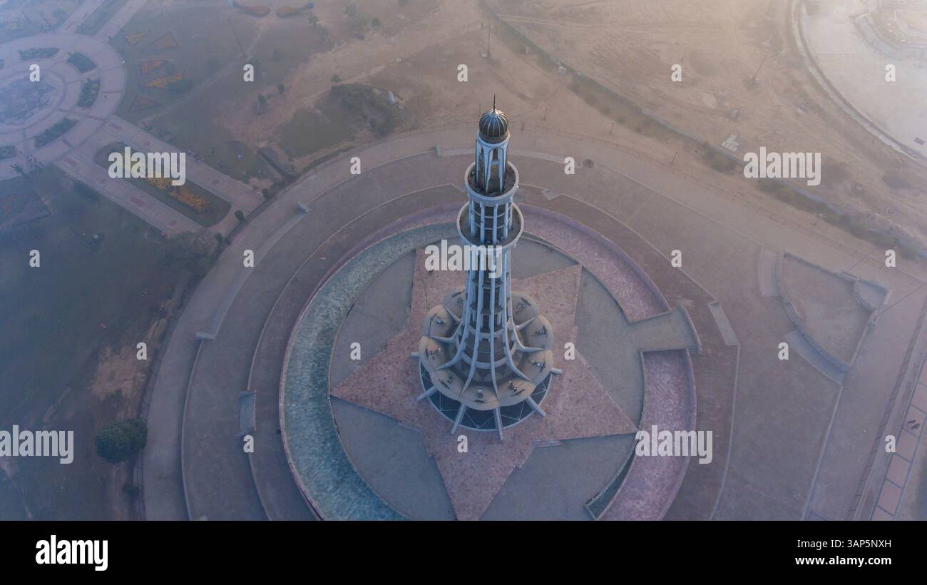 Aerial view of the iconic Minar-e-Pakistan tower in a scenic urban ...