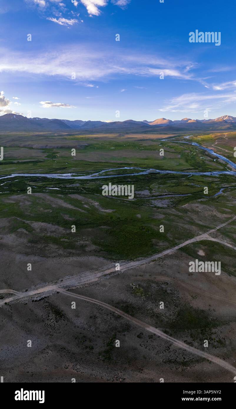 Aerial view of serene and picturesque Deosai Plains with vast ...