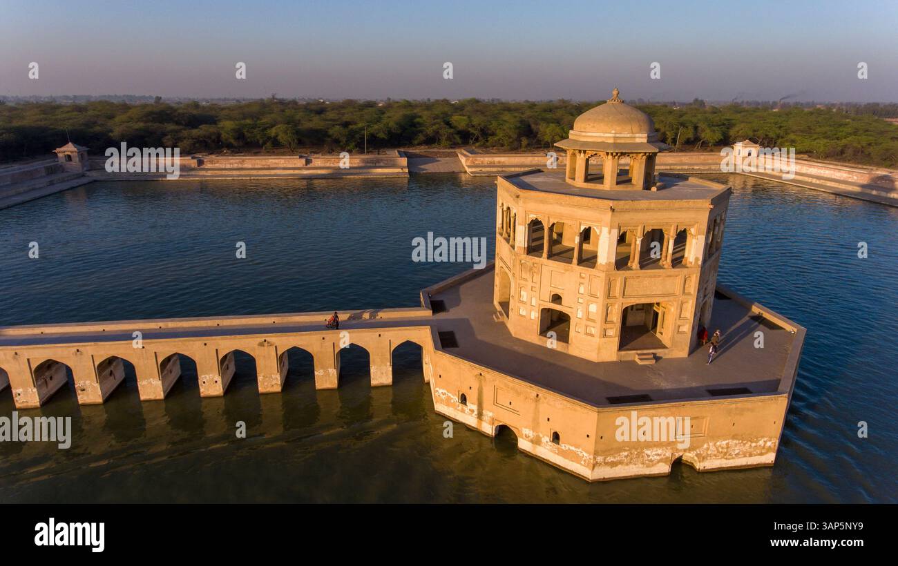 Aerial view of Hiran Minar with beautiful reflection on water and ...
