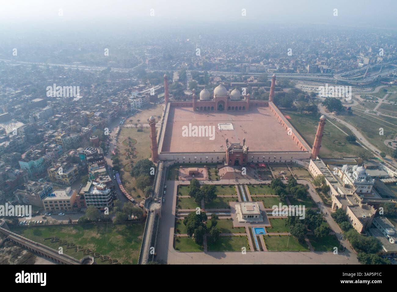 Aerial view of Badshahi Masjid and Lahore Fort in the old part of city ...