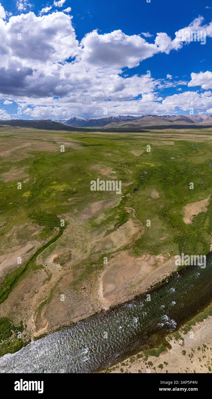 Aerial view of serene Deosai Plains with majestic mountains and a ...
