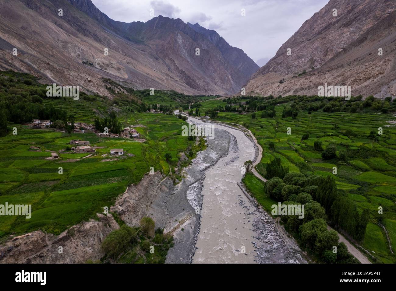 Aerial view of deosai plains with lush fields, serene river, and ...