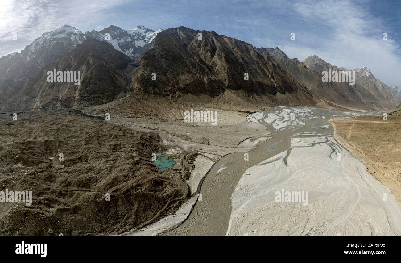 Aerial view of serene and majestic Khoburtse Campsite with snow-capped ...