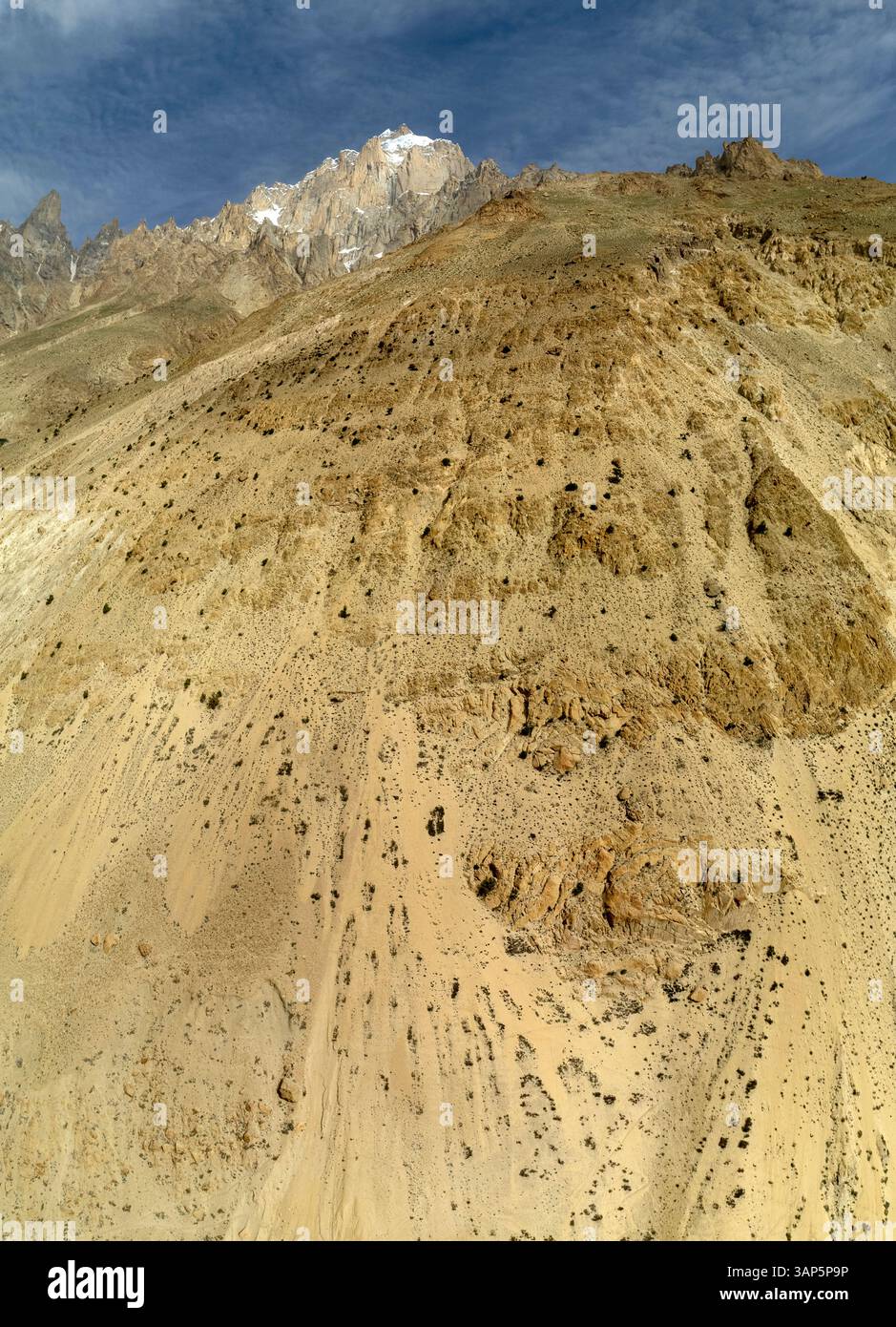 Aerial view of barren and rugged mountain landscape with dramatic peaks ...