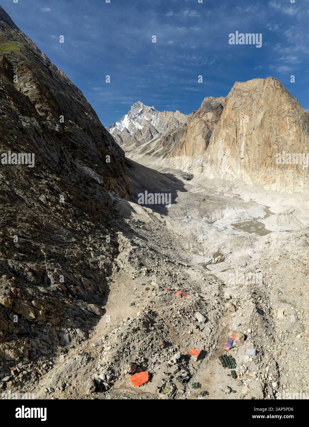 Aerial view of majestic mountains and a remote campsite along the K2 ...