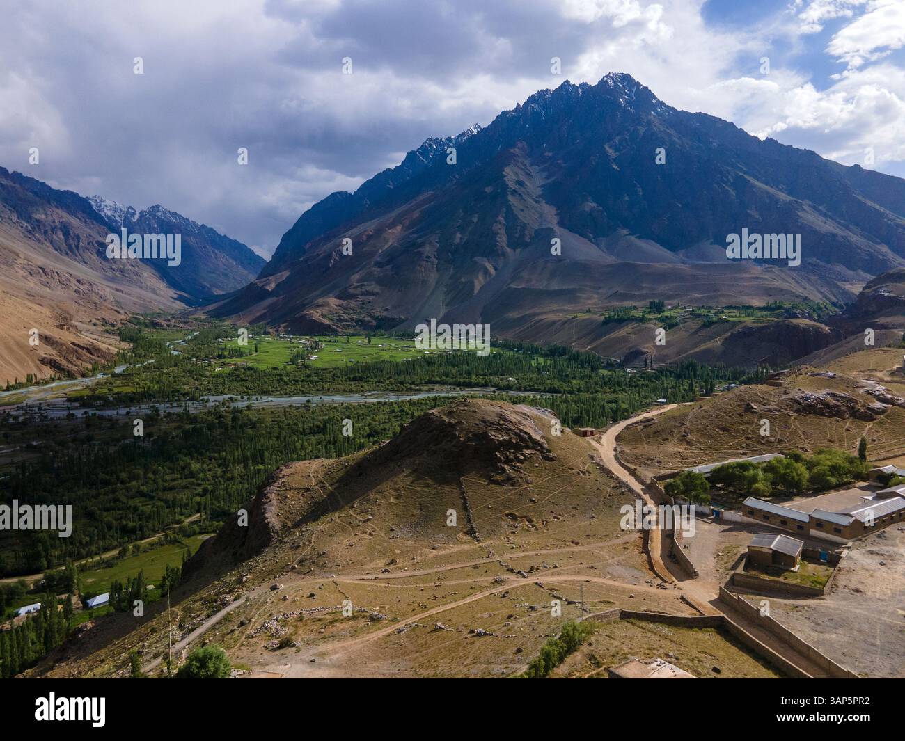 Aerial view of scenic Phander Valley with majestic mountains and a ...
